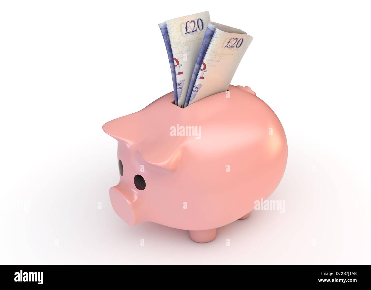 A pink piggy bank with a rolled up pair of british pound bank notes ...