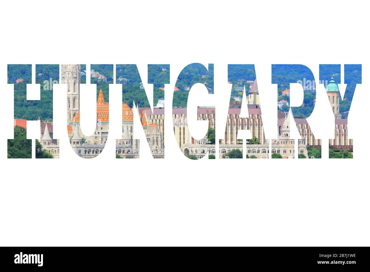 Hungary word - country name with background travel postcard photo Stock ...