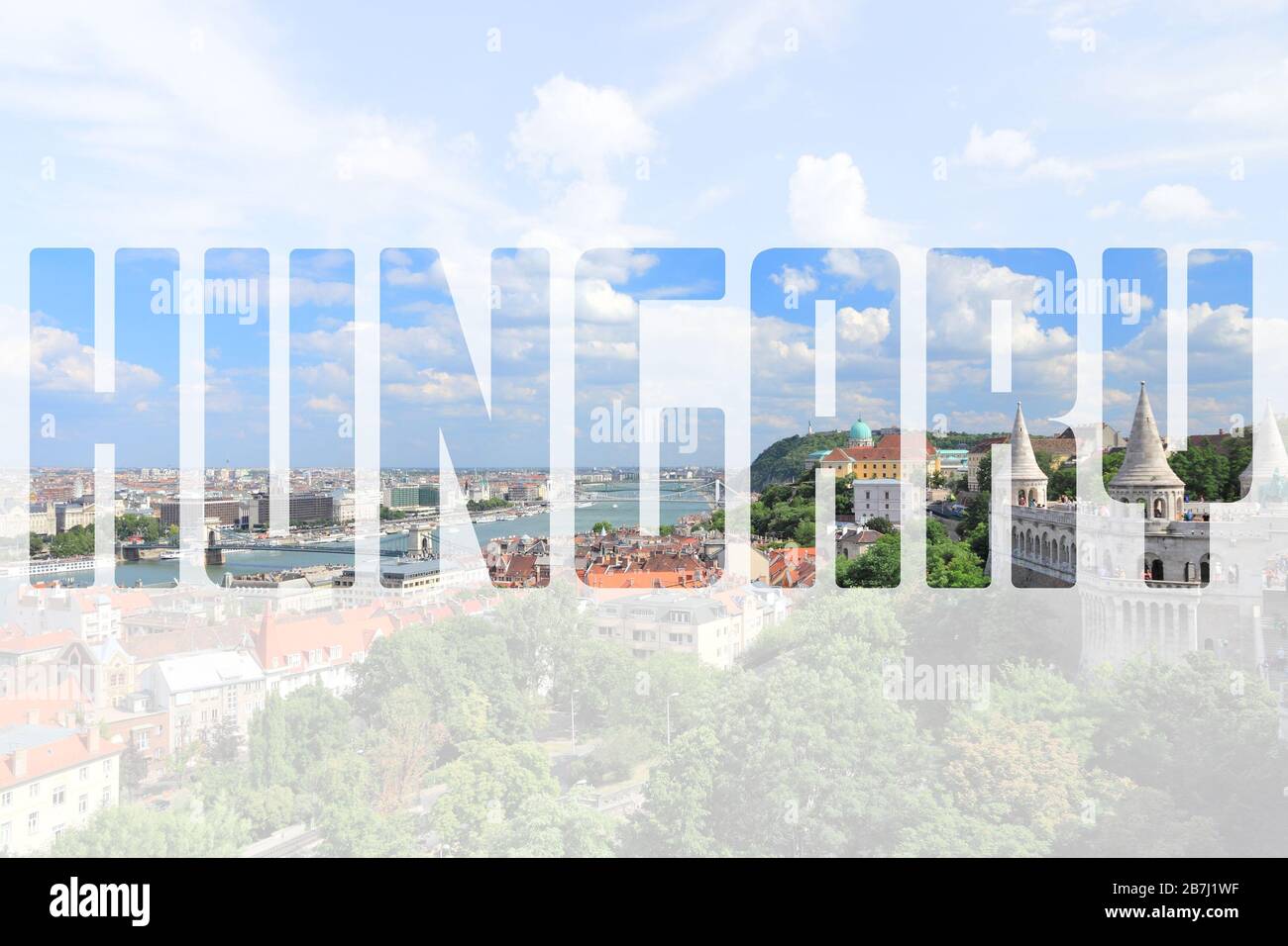 Hungary sign - country name with background travel postcard photo ...