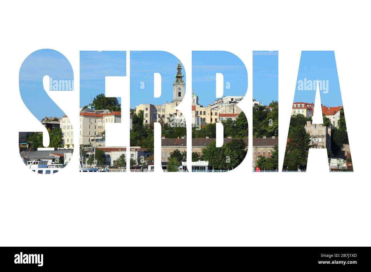 Serbia sign - country name with background travel photo. Text isolated ...