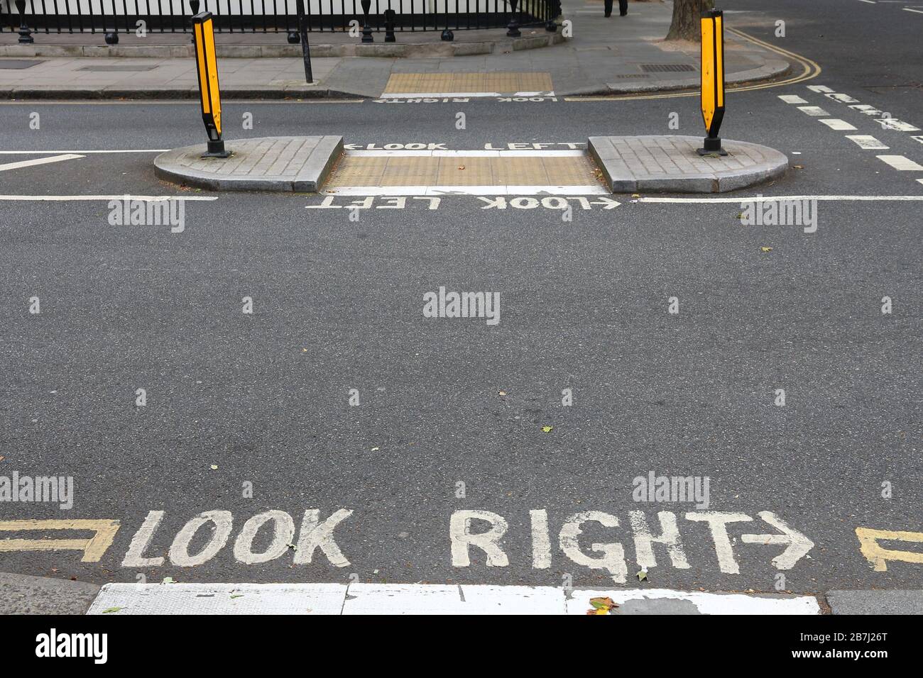 London pedestrian signs - look right and look left. Traffic warning ...