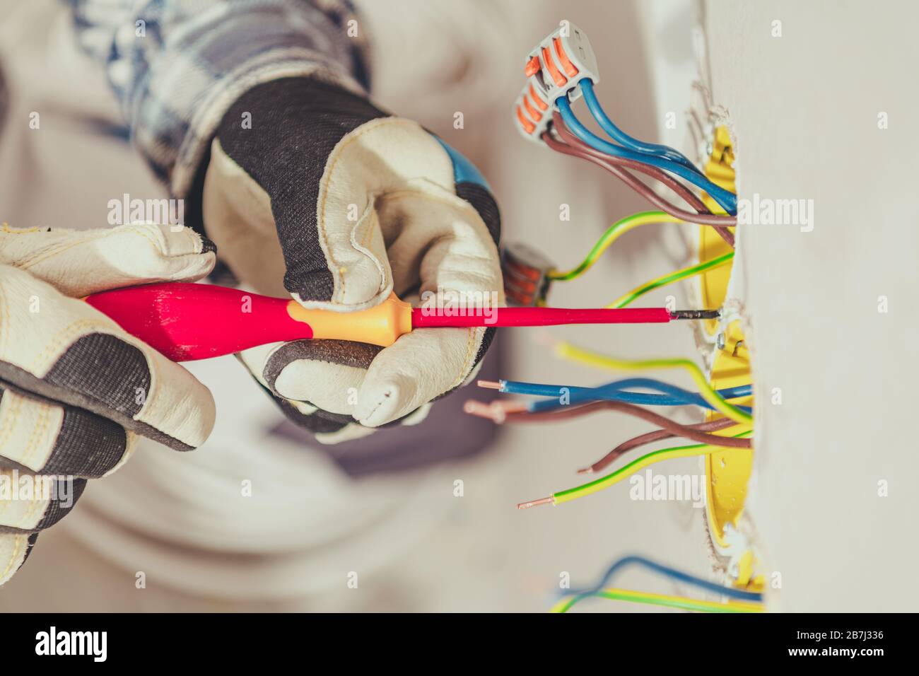 Residential Electricity System. Professional Electrician Preparing ...