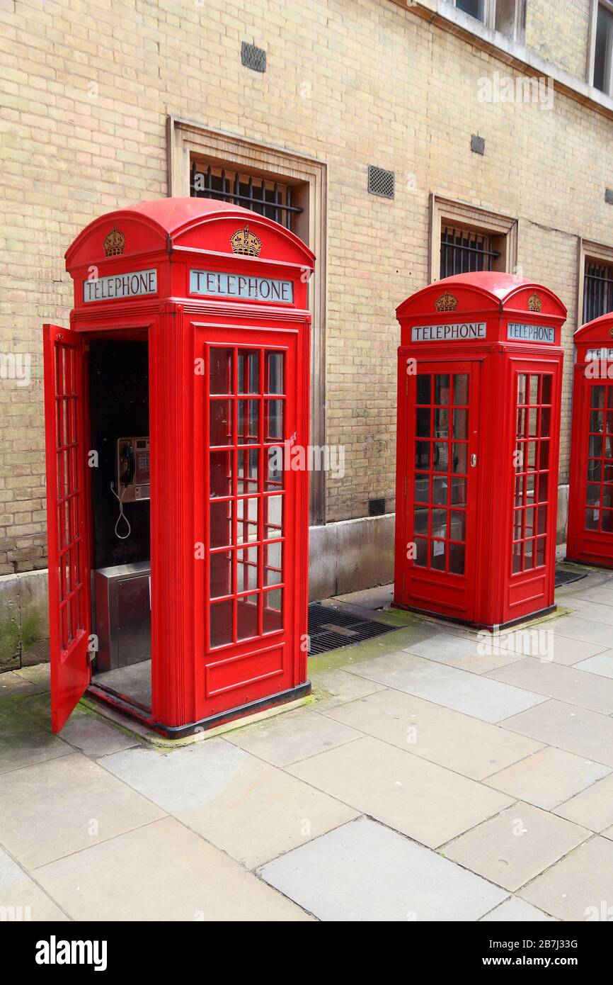 London phone booth row. London landmarks - red phone booth Stock Photo ...