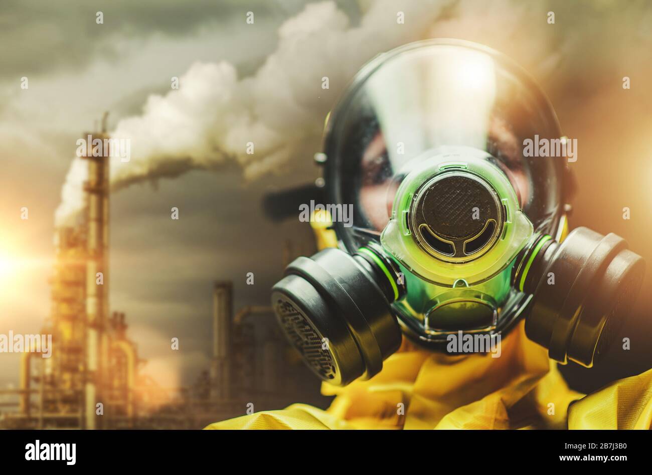 Heavy Air Pollution Concept with Men in Biochemical Protection Mask and ...