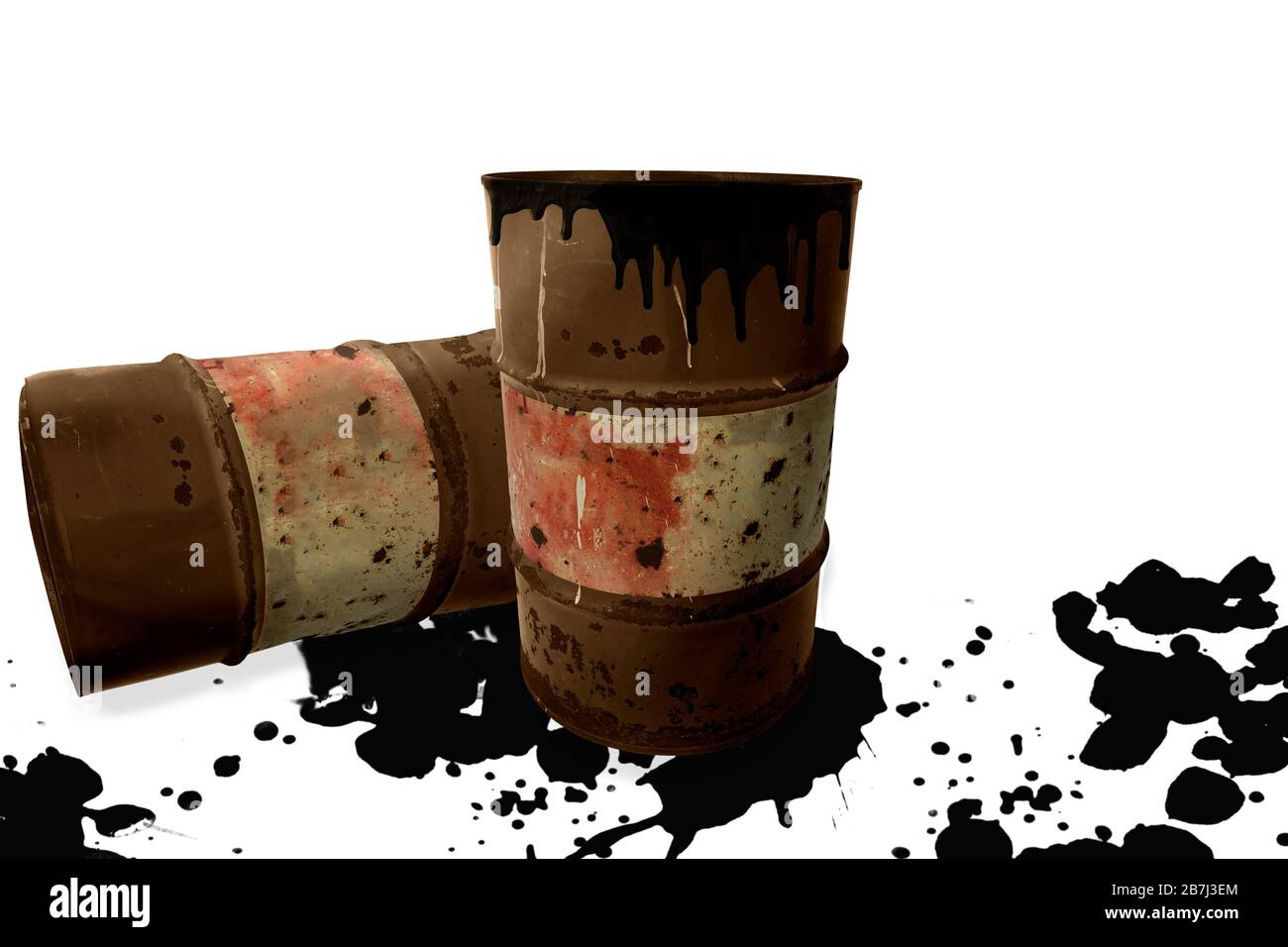 Metal rustic barrels with black liquid like oil drip on white isolated ...