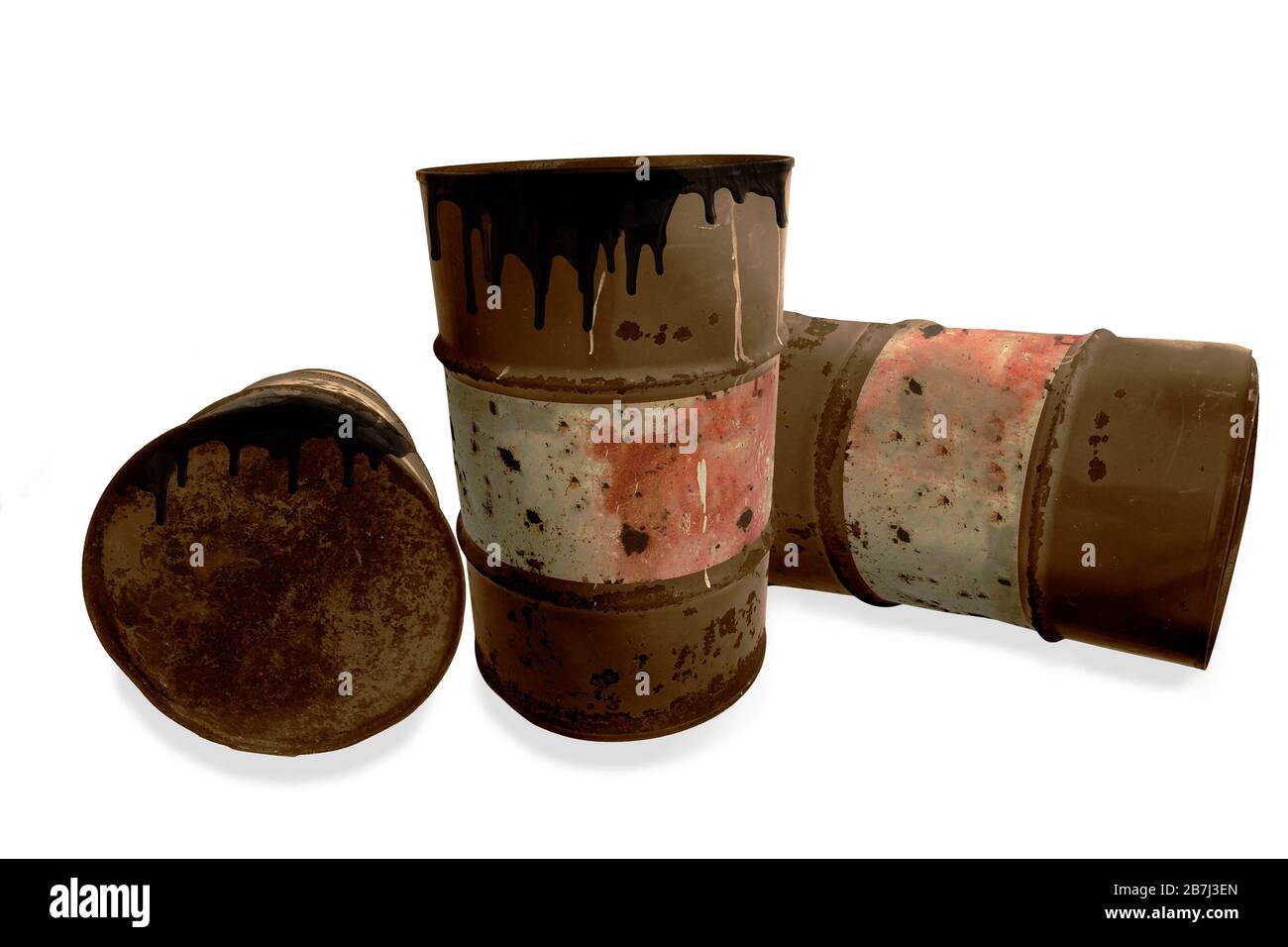 Metal rustic barrels with black liquid like oil drip on white isolated ...