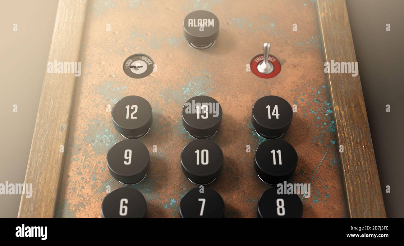 An old retro elevator control panel with fourteen floors made of brass ...