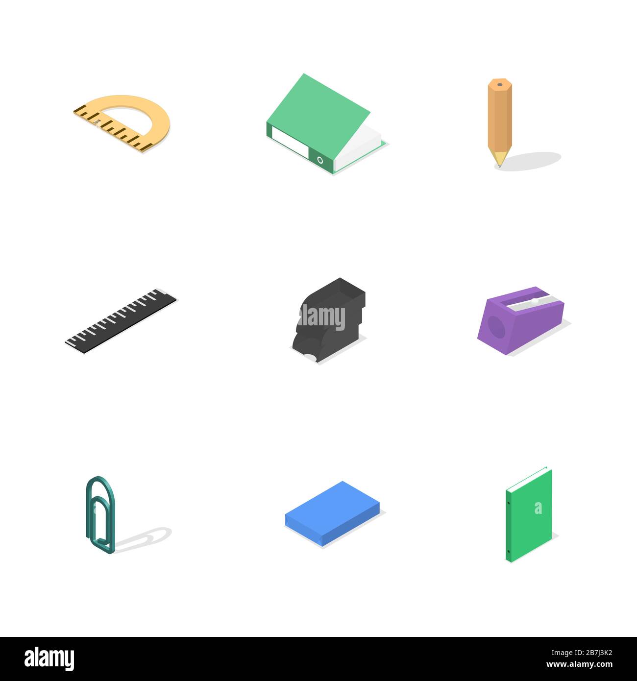 Set of icons isolated on white background, office and school. Flat 3d ...