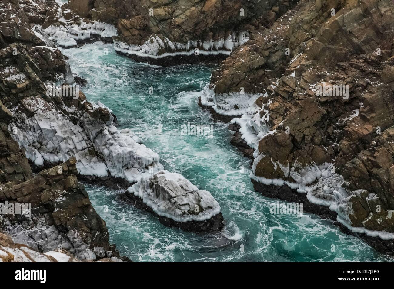 Surging ocean and dangerous rocks at Cape Bonavista Lighthouse on the ...