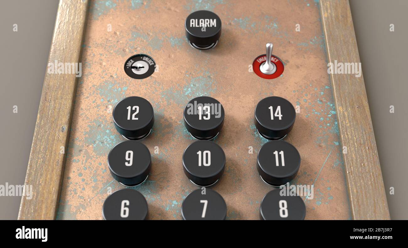 An old retro elevator control panel with fourteen floors made of brass ...