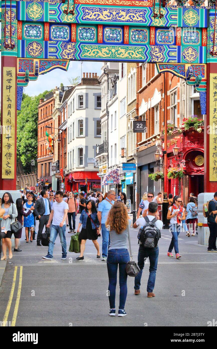 LONDON, UK - JULY 6, 2016: People visit Chinatown district of London ...