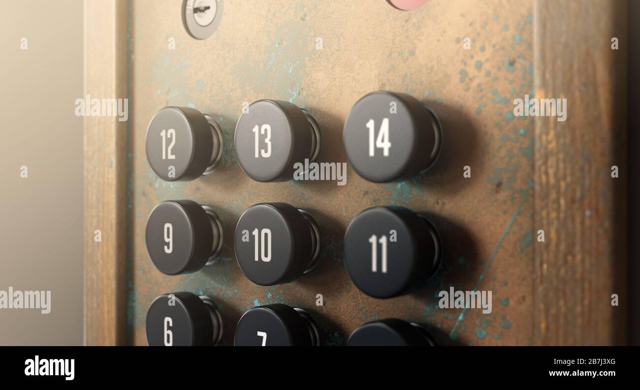 An old retro elevator control panel with fourteen floors made of brass ...