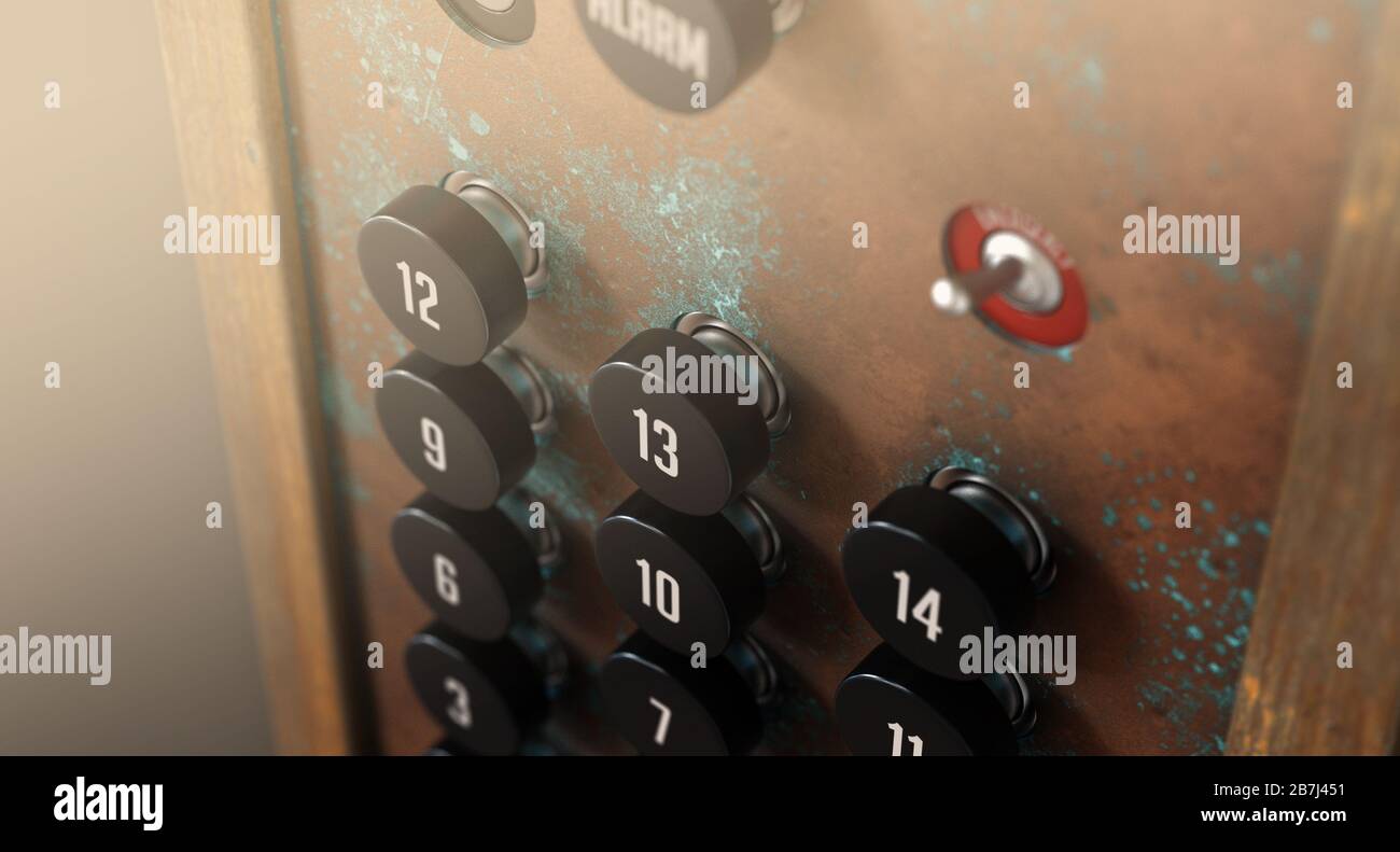 An old retro elevator control panel with fourteen floors made of brass ...