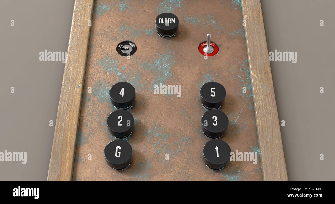 An old retro elevator control panel with six floors made of brass and ...