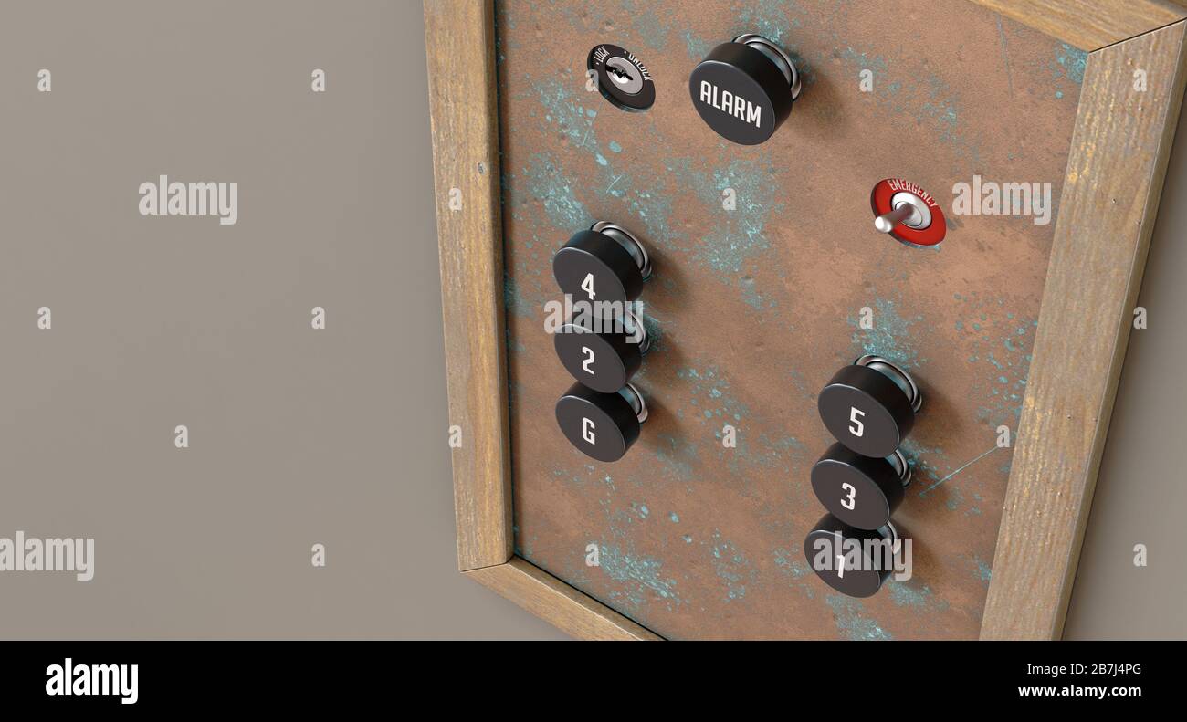 An old retro elevator control panel with six floors made of brass and ...
