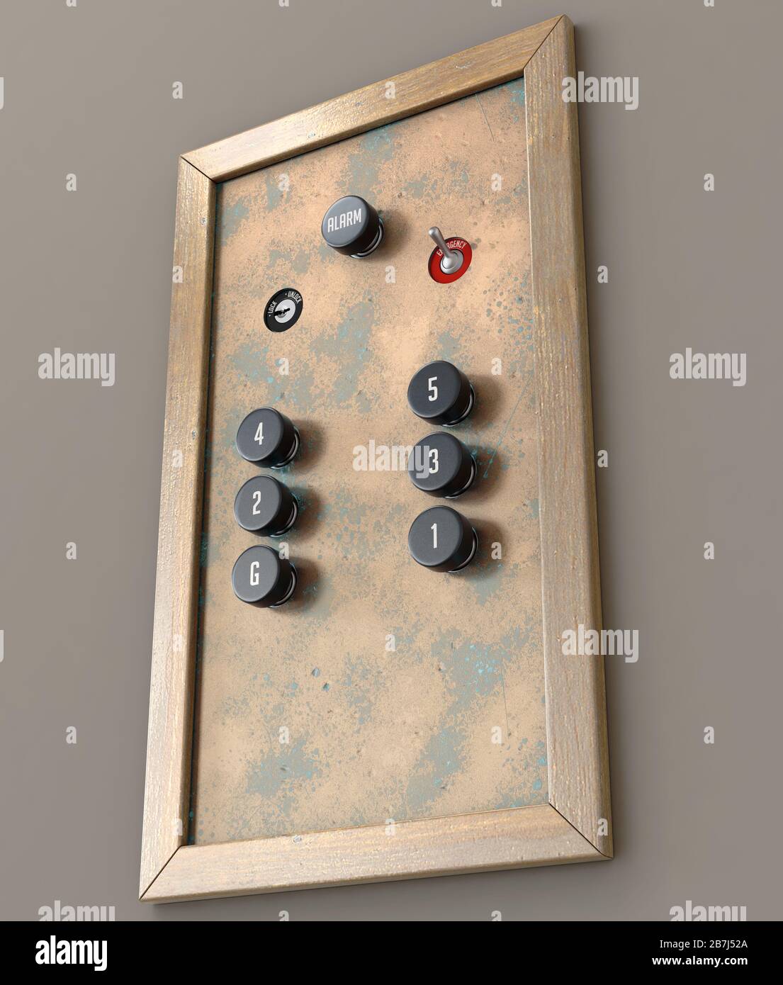 An old retro elevator control panel with six floors made of brass and ...