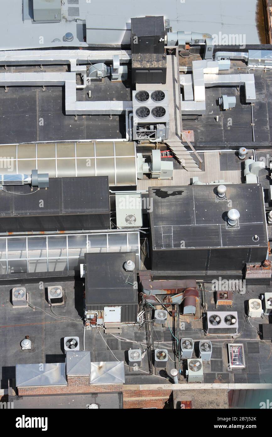 Industrial air conditioning on top of office building in Boston, USA ...