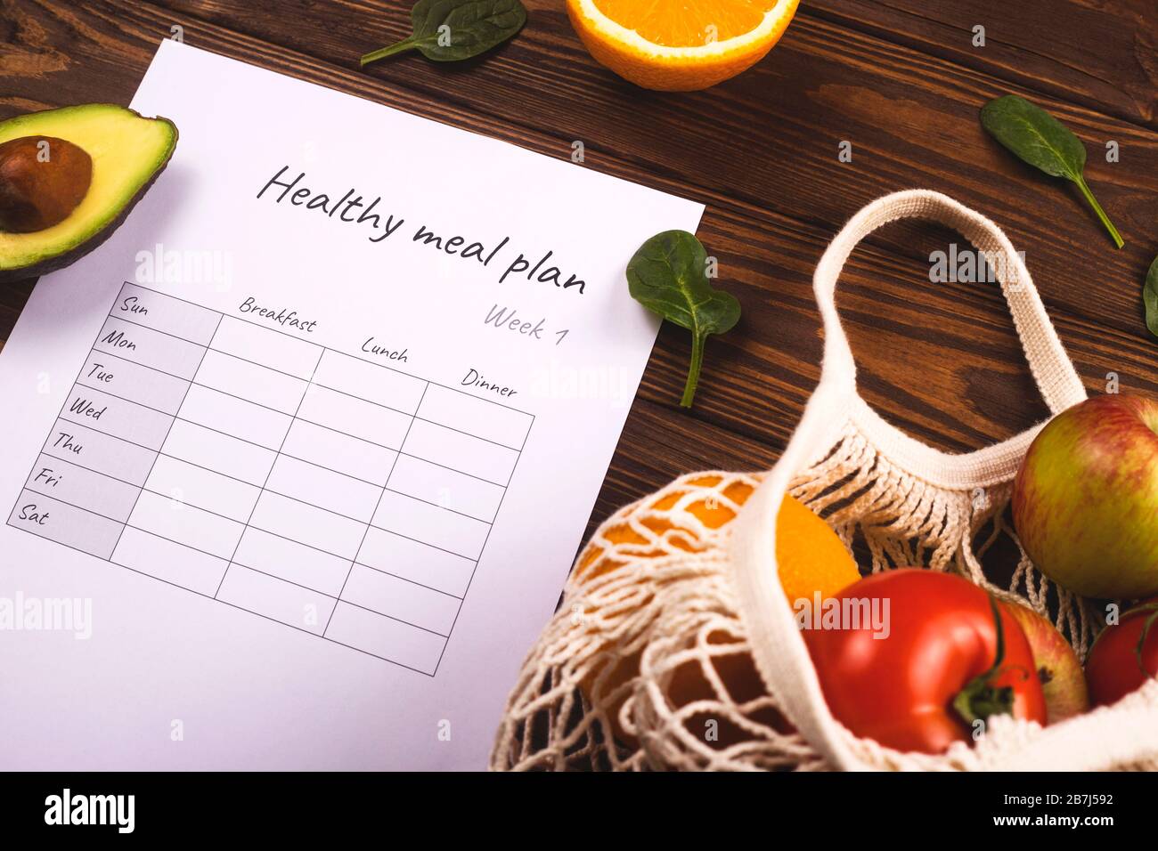 Healthy weekly meal plan among fresh organic fruits and vegetables ...