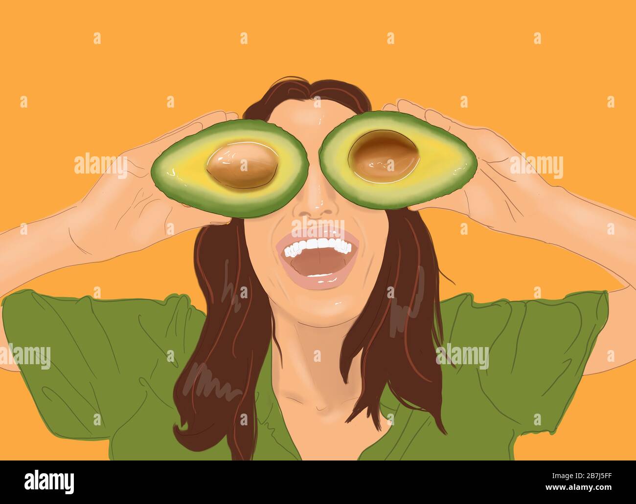 Illustration of a young smiling woman hiding eyes with sliced avocado ...