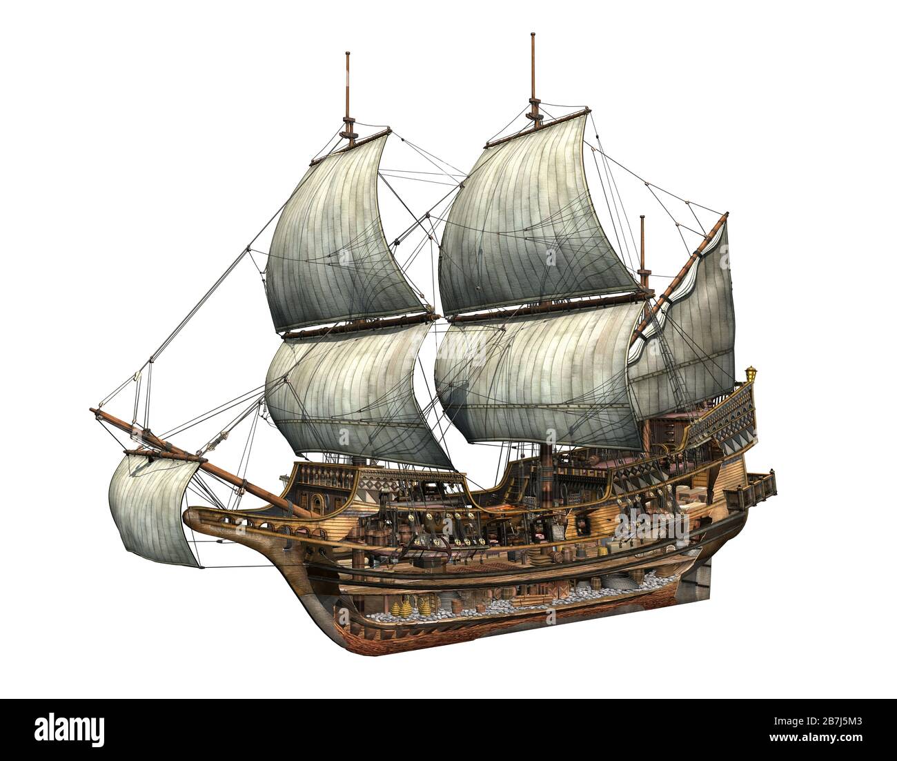 Golden Hind galleon, very detailed cutaway 3d illustration. On white ...