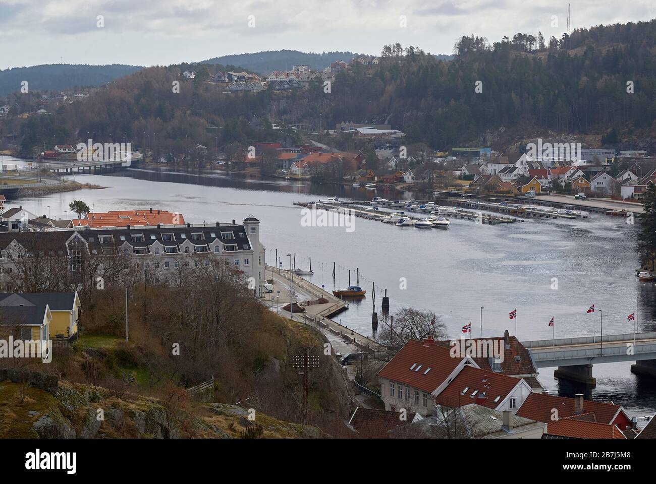 The salmon-river of Mandalselva passes through the little town of ...