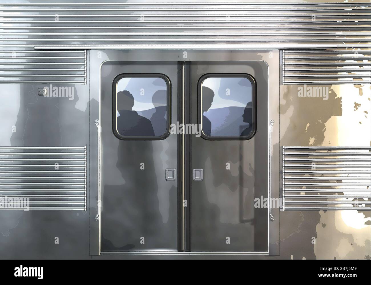 Subway car close-up with doors and people silhouettes inside.. Side ...