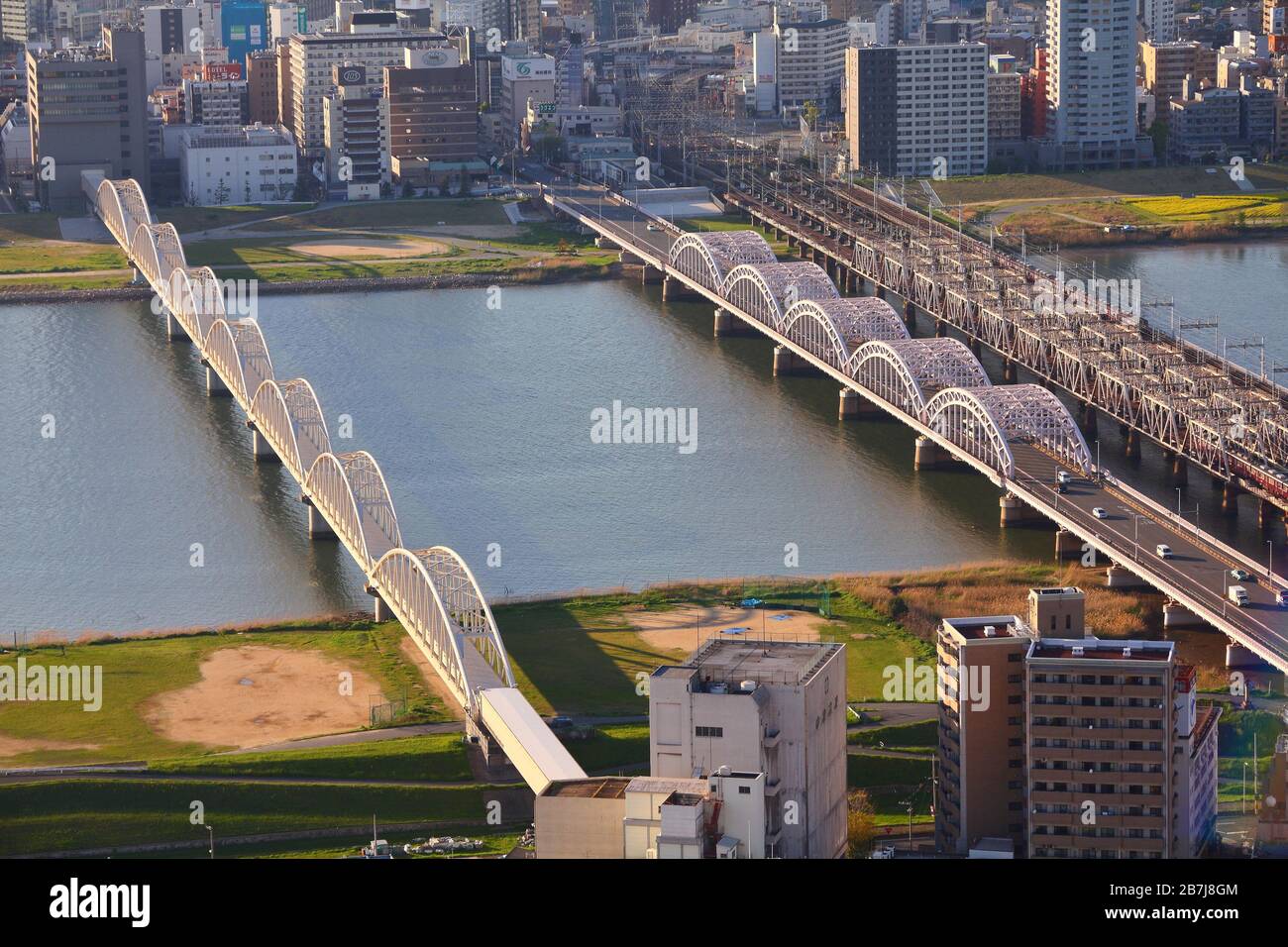 OSAKA, JAPAN - APRIL 27, 2012: Cityscape view in Osaka, Japan. Osaka is ...