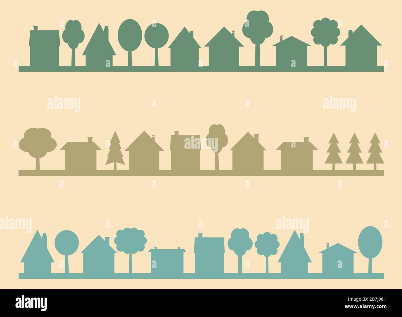 Small town vector silhouettes with blank copy space. Village ...