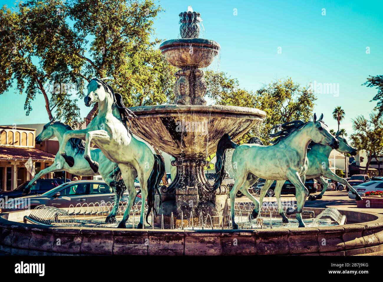 The beloved Arabian bronze horse statues with water fountain, along the ...