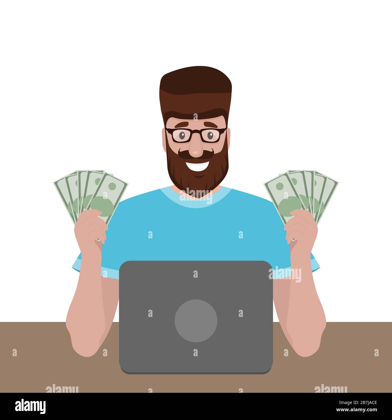Man with money behind a laptop is pleased with a smile. Cartoon flat ...