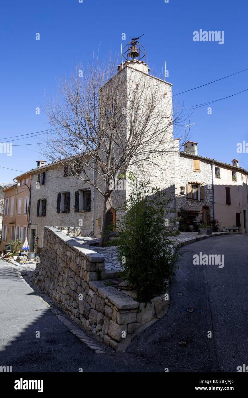 The bell tower in the medieval village of Cabris on the French riviera ...