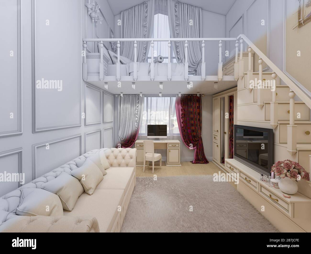 3d render of interior design of a girls bedroom in a private house ...