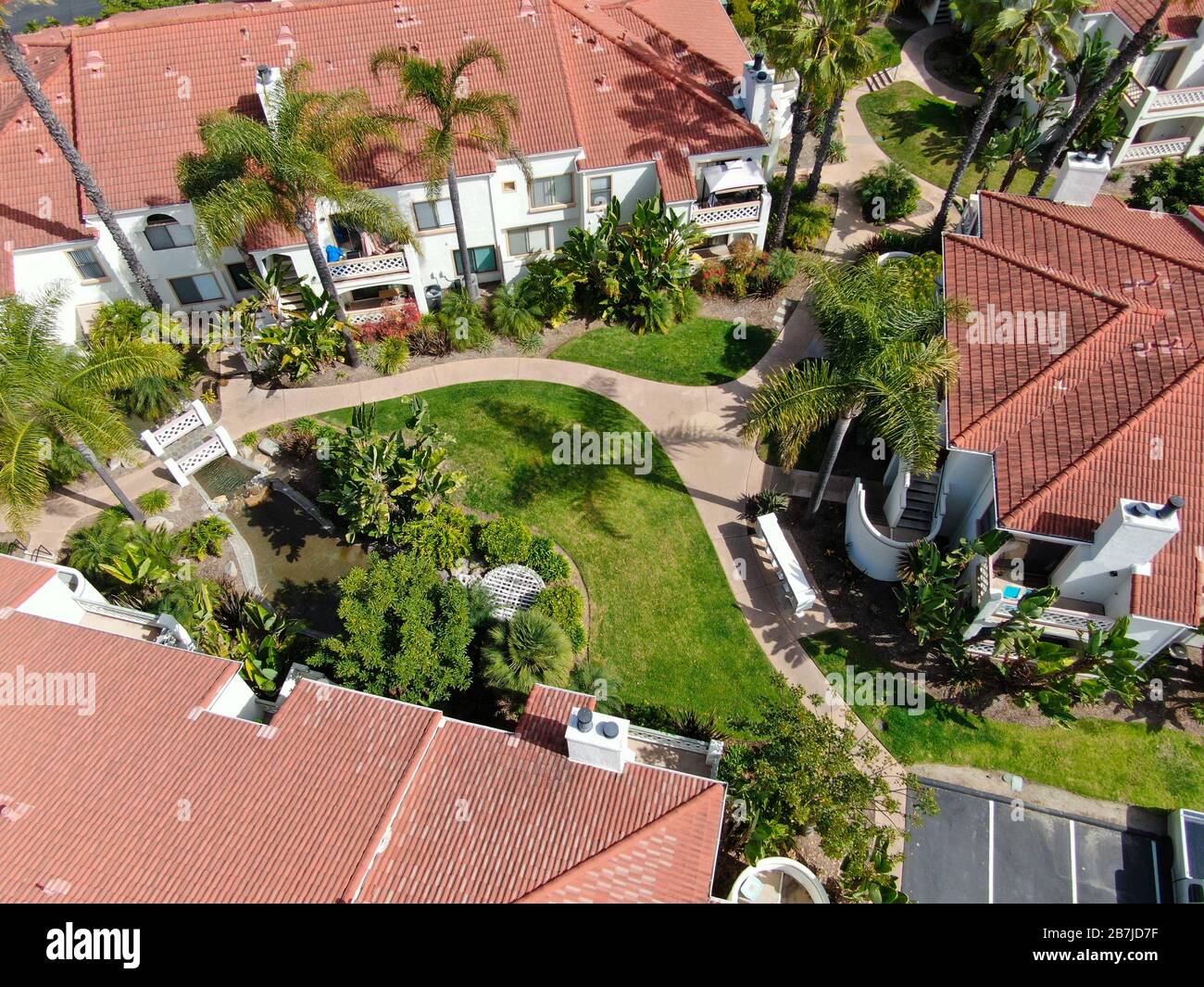 Aerial view of typical Southern California Spanish style residential ...