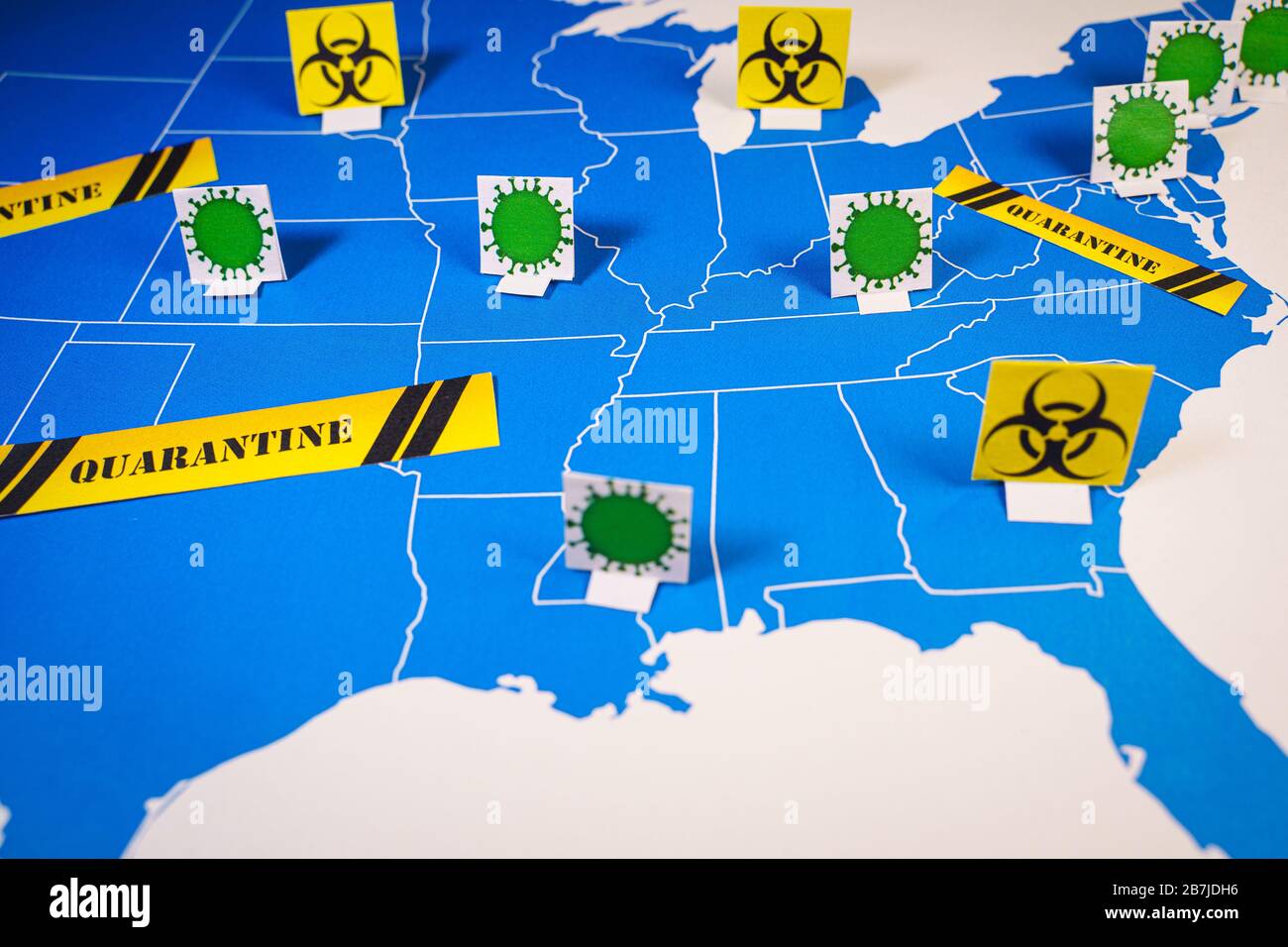 Map of USA with coronavirus and quarantine signs Stock Photo - Alamy