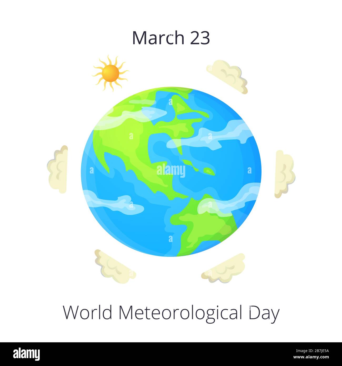 Cartoon world meteorological day card or poster. Sun and clouds around ...