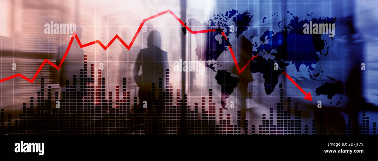 Chart with red down arrow on abstract background. Falling growth in ...