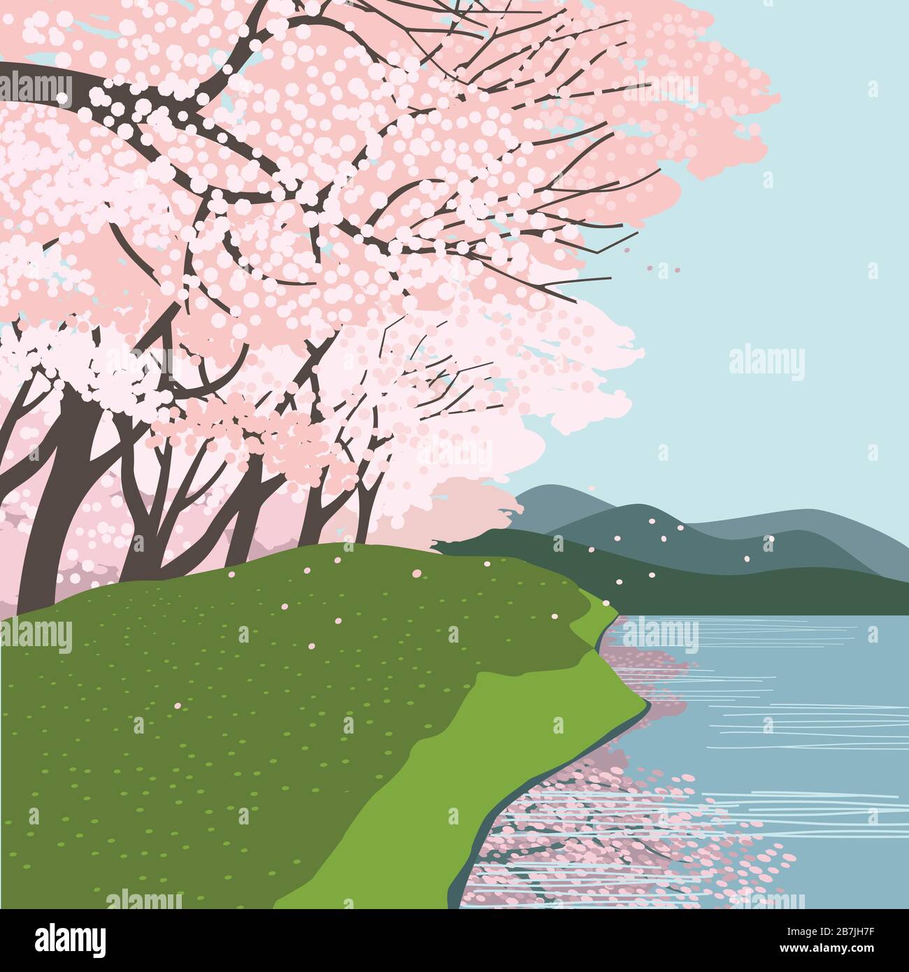 Cherry blossoms at the river flat vector landscape Stock Vector Image ...