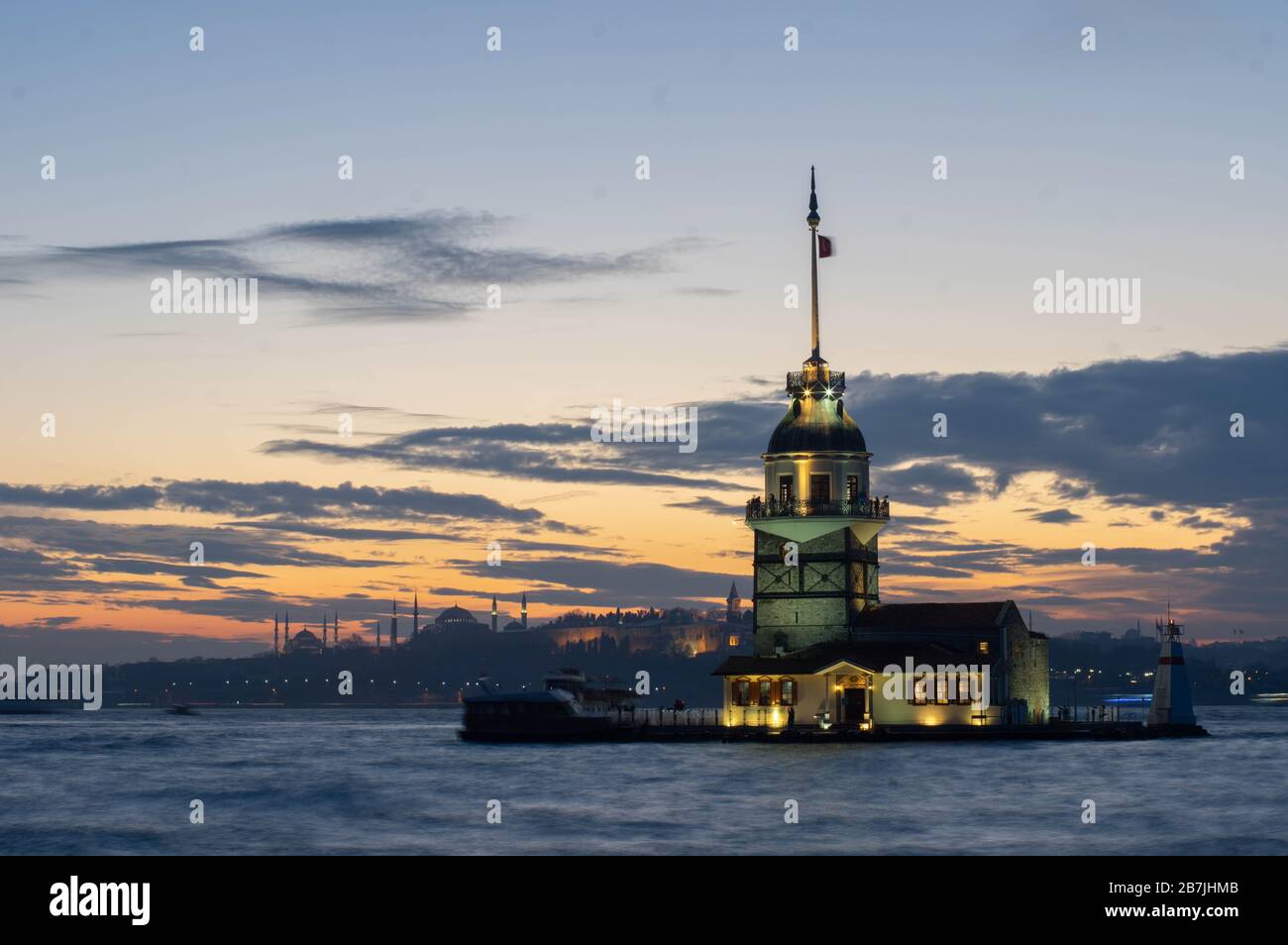 Lighthouse during sunset in the bosphorus strait, Istanbul Stock Photo ...