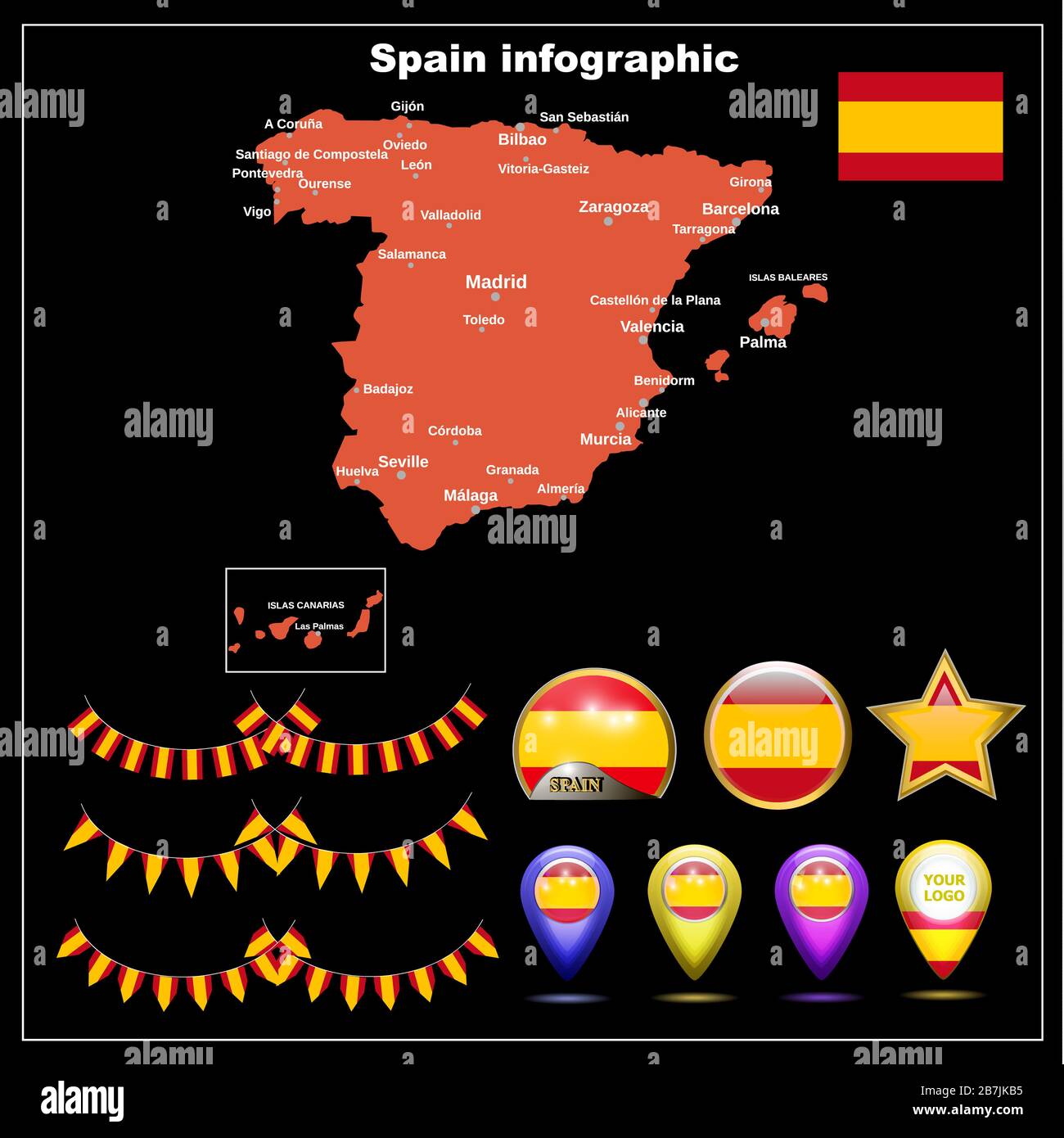 Map of Spain bright graphic illustration. Spain map with Spanish major ...