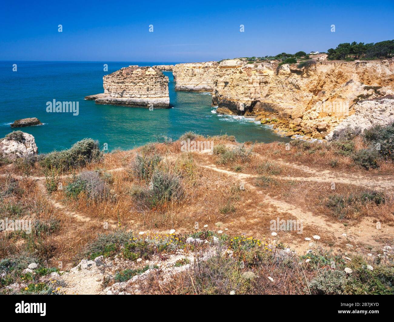 Coastal scenery around Albufeira, Algarve, Portugal. sea cliff erosin ...