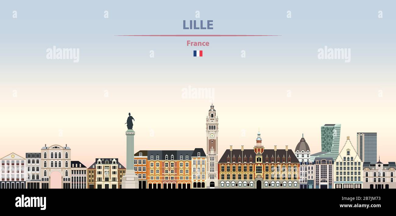 Vector illustration of Lille city skyline on colorful gradient ...