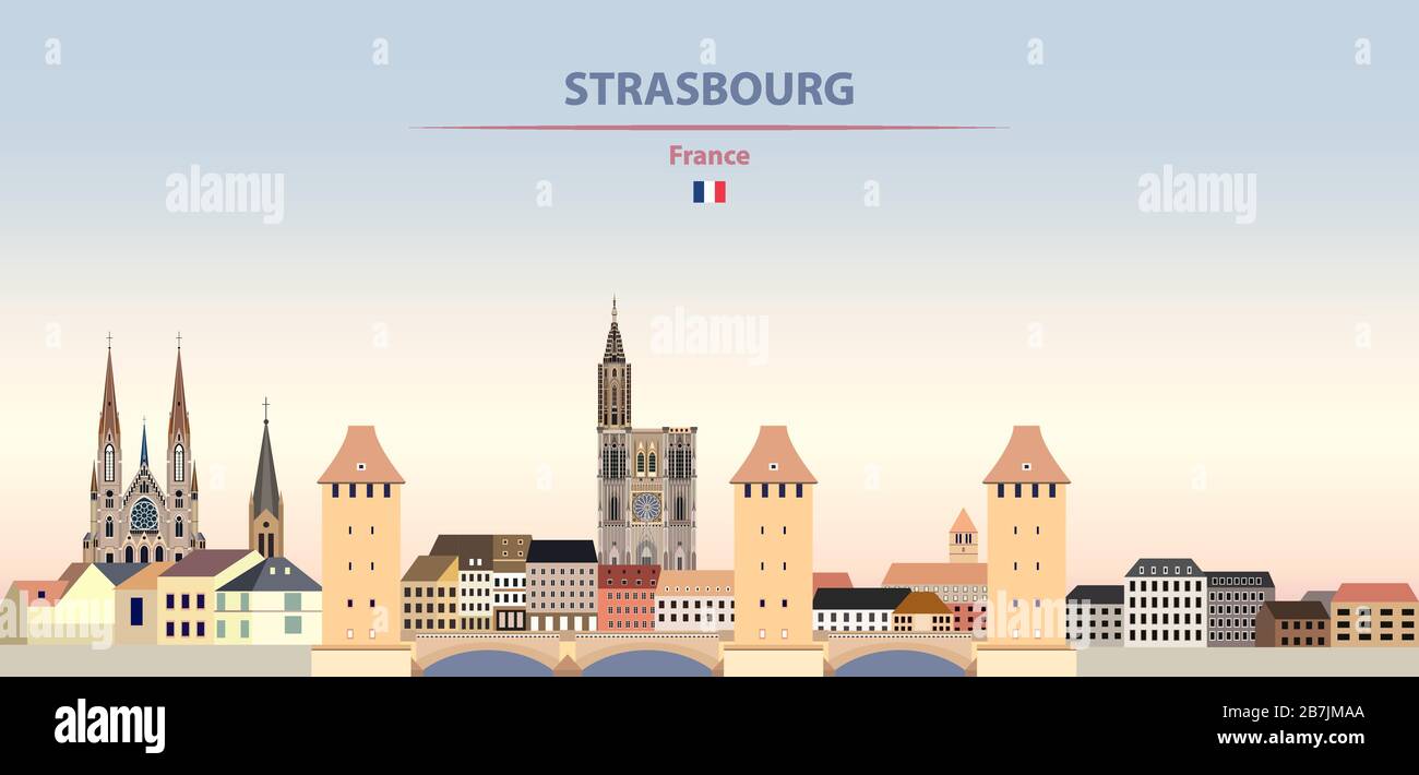 Vector illustration of Strasbourg city skyline on colorful gradient ...