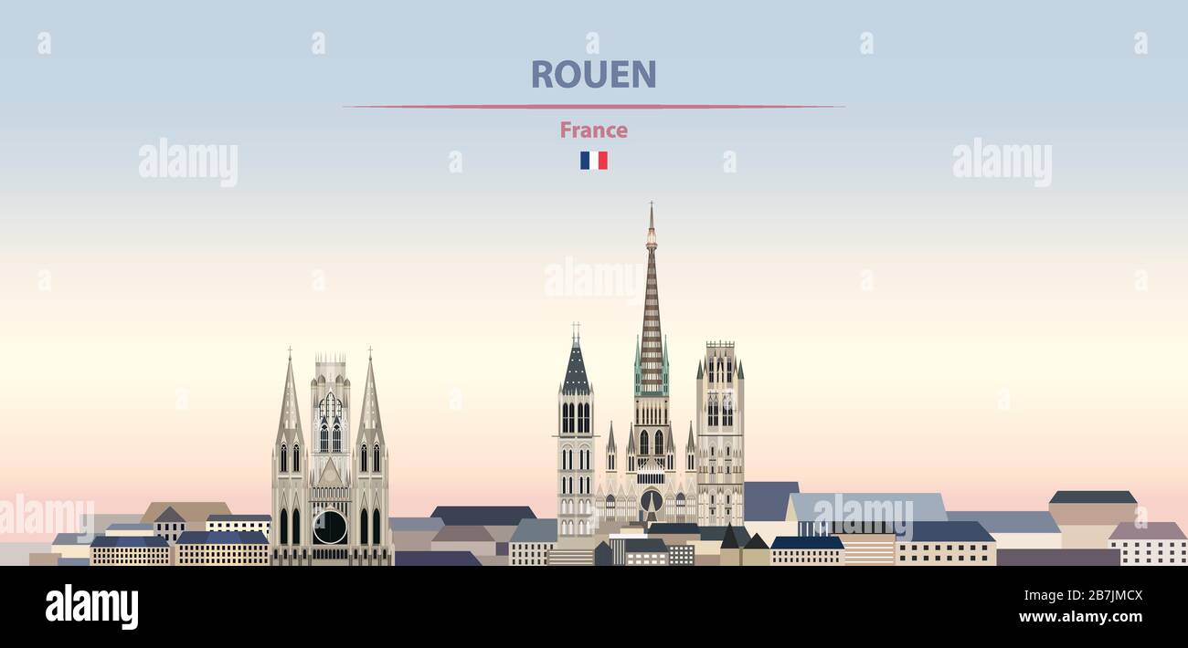 Vector illustration of Rouen city skyline on colorful gradient ...