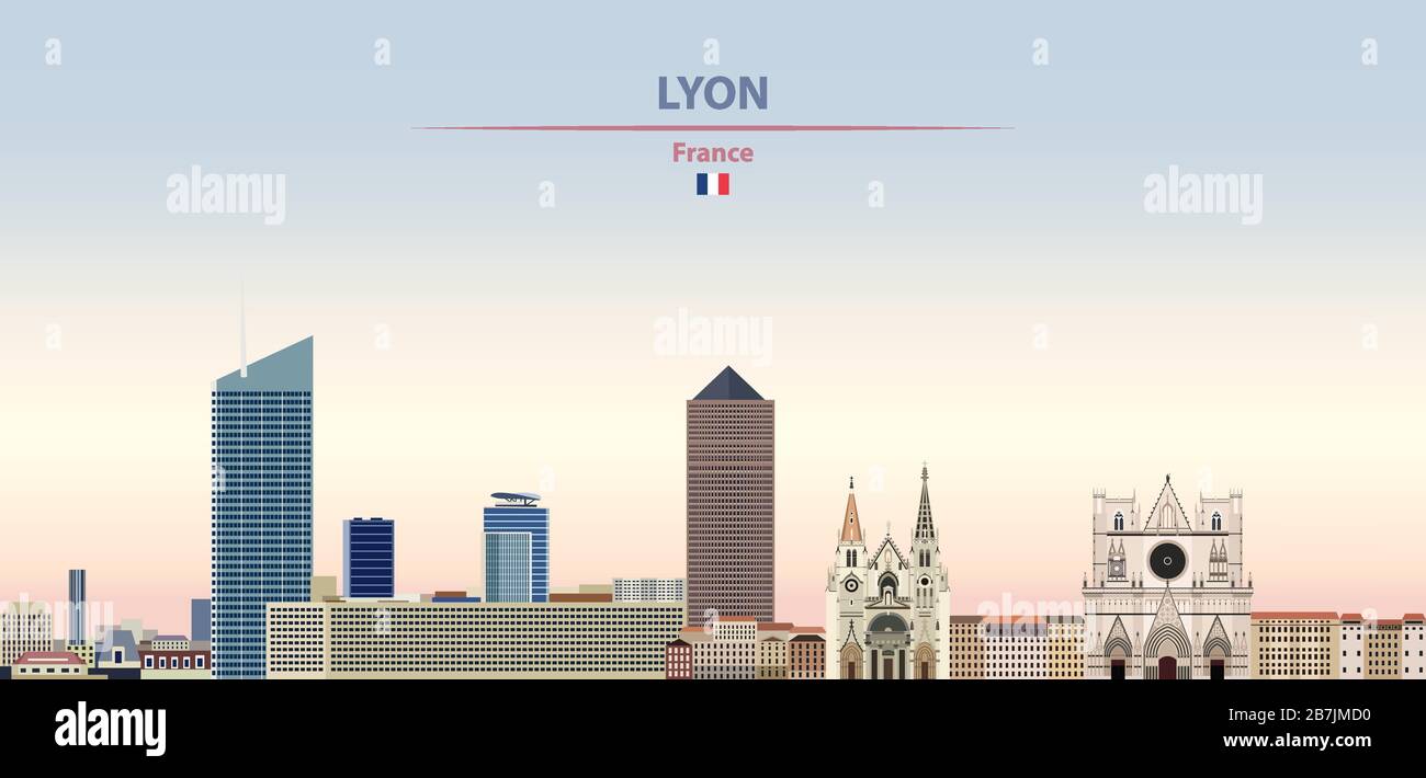 Vector illustration of Lyon city skyline on colorful gradient beautiful ...