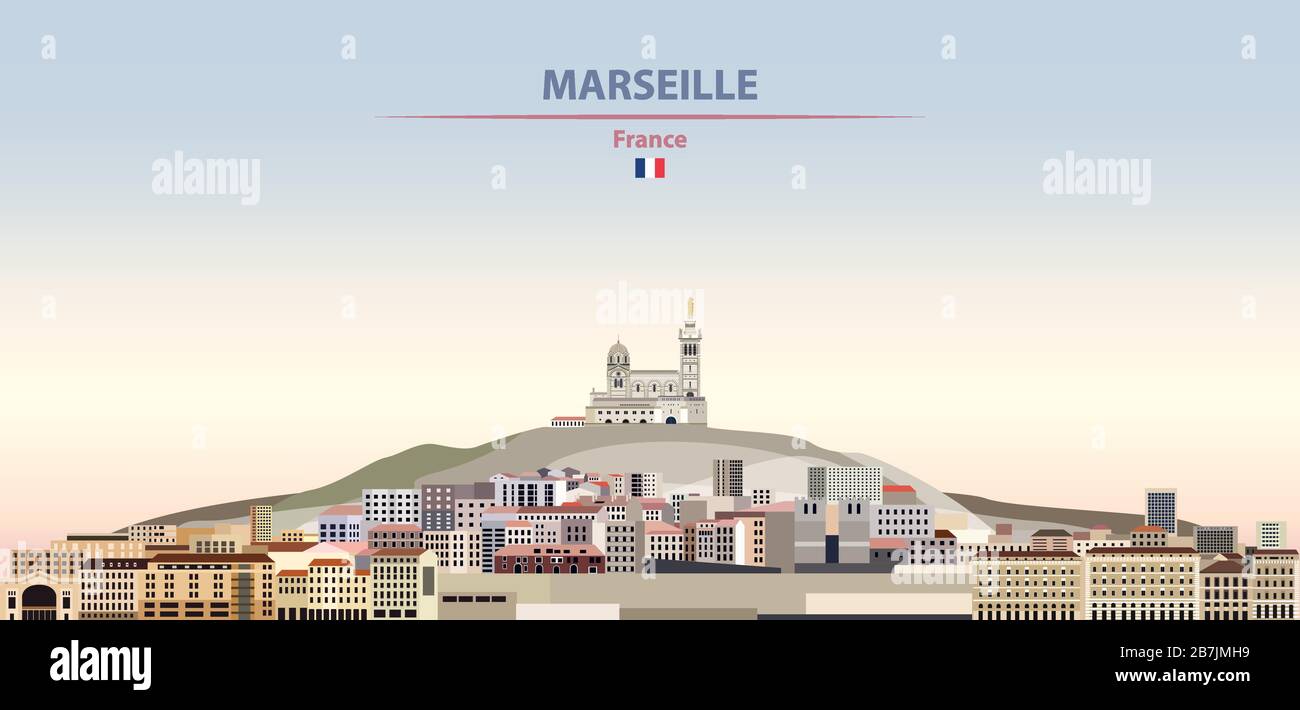 Vector illustration of Marseille city skyline on colorful gradient ...
