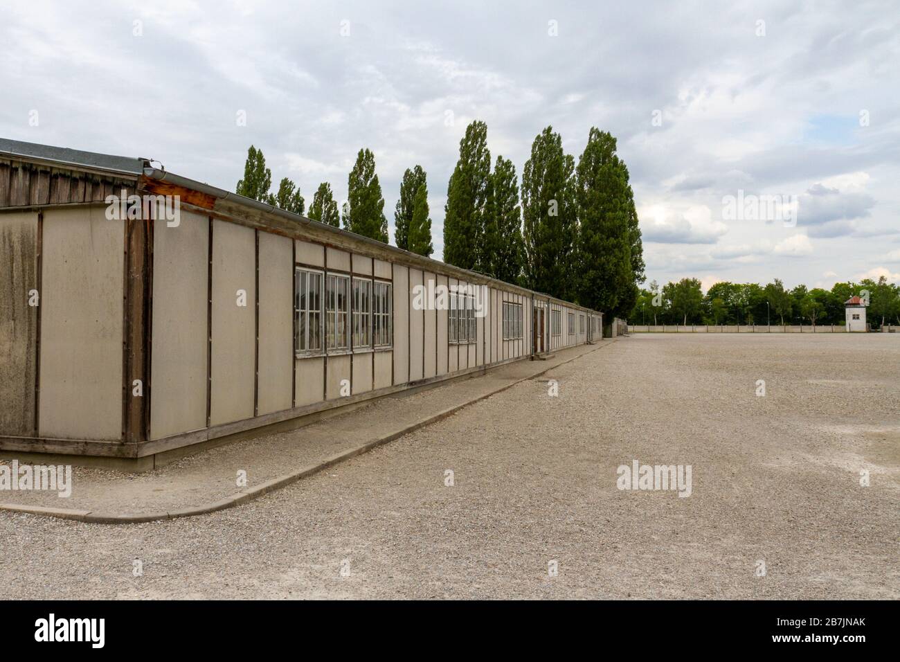 Barrack buildings (reconstructed) inside the former Nazi German Dachau ...