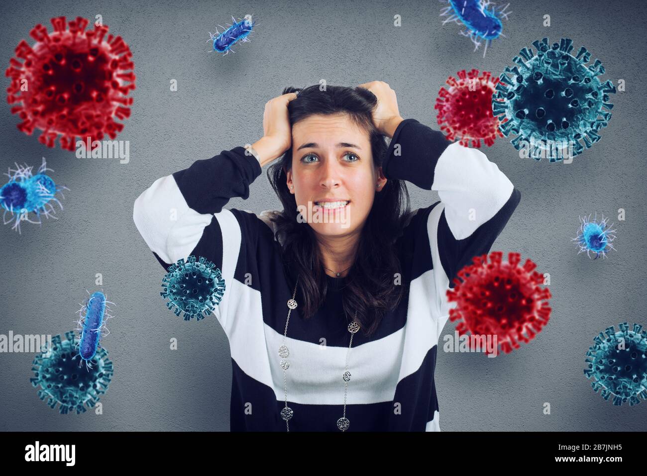 Feared girl attacked by viruses and bacteria. Concept of illness Stock ...