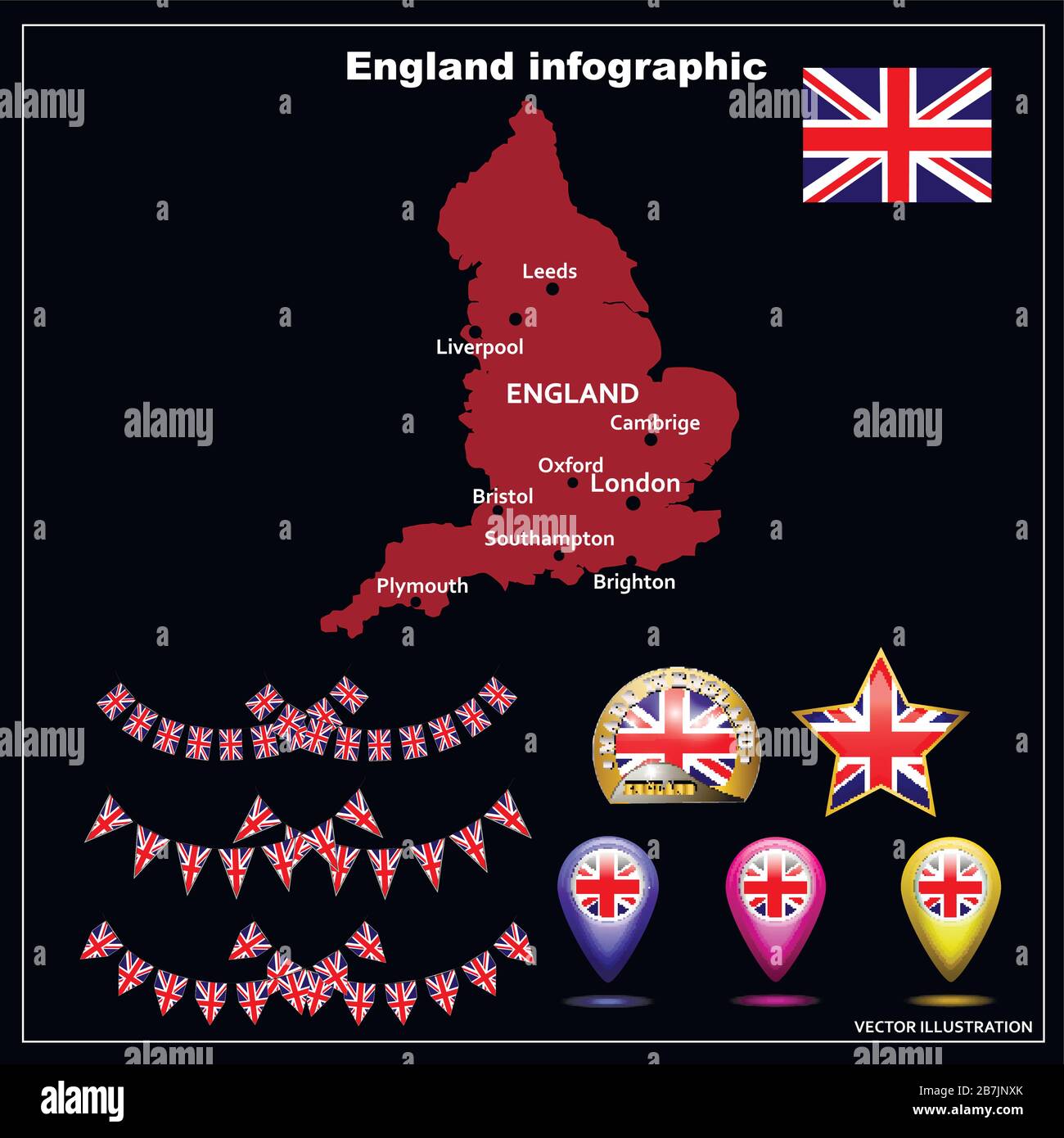 Bright Map of England. Map of England graphic illustration on black ...