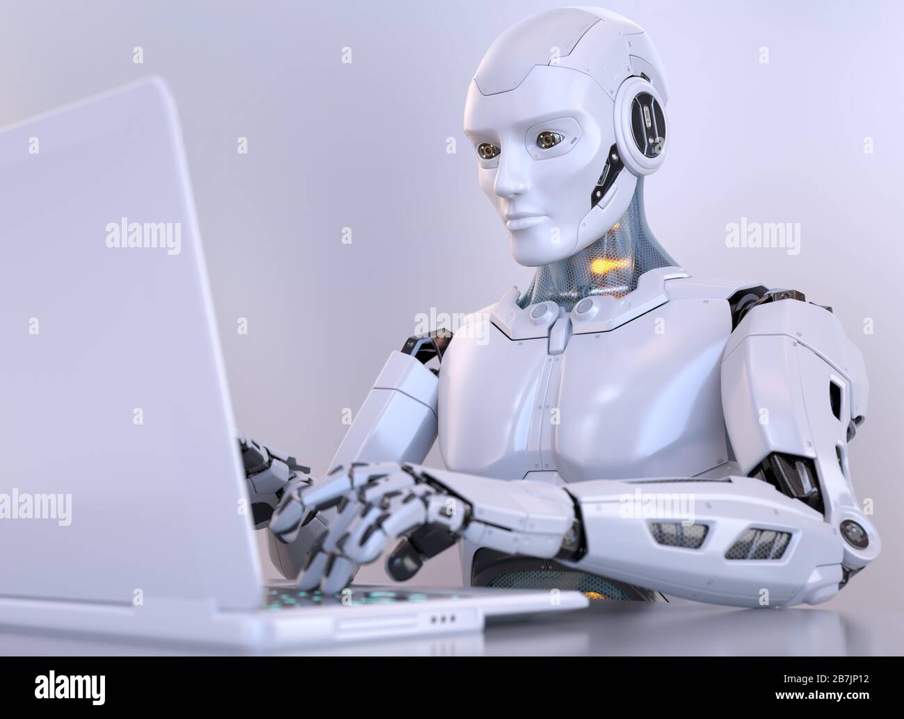 Robot working with laptop. 3D illustration Stock Photo - Alamy