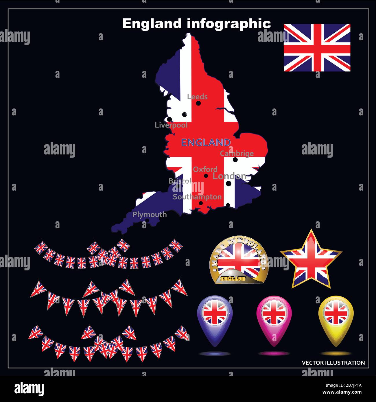 Bright Map of England. Map of England graphic illustration on black ...